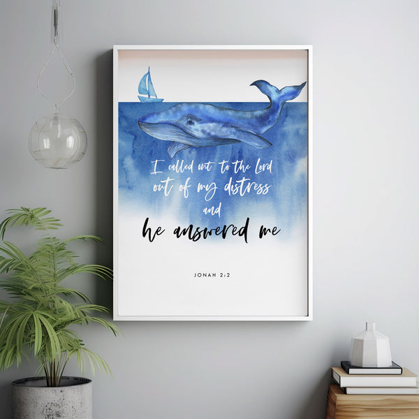 Jonah 2:2 'He Answered Me' Bible Verse Wall Art - Inspirational Script ...