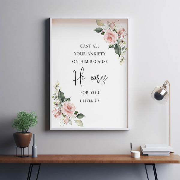 1 Peter 5:7 'He Cares For You' Floral Bible Verse Poster - Uplifting S ...