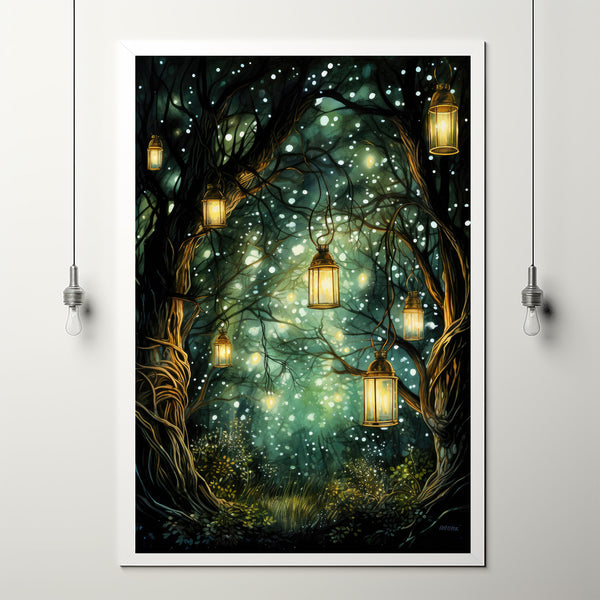Spiritual Forest Wall Art Print - Enchanted Trees & River Lantern Scen ...
