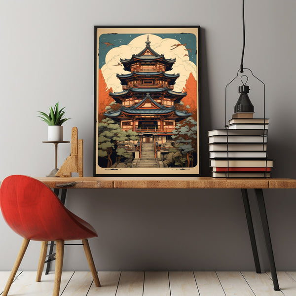 Asian Building with Japanese Elements Poster - Ukiyo-e Style Landscape ...